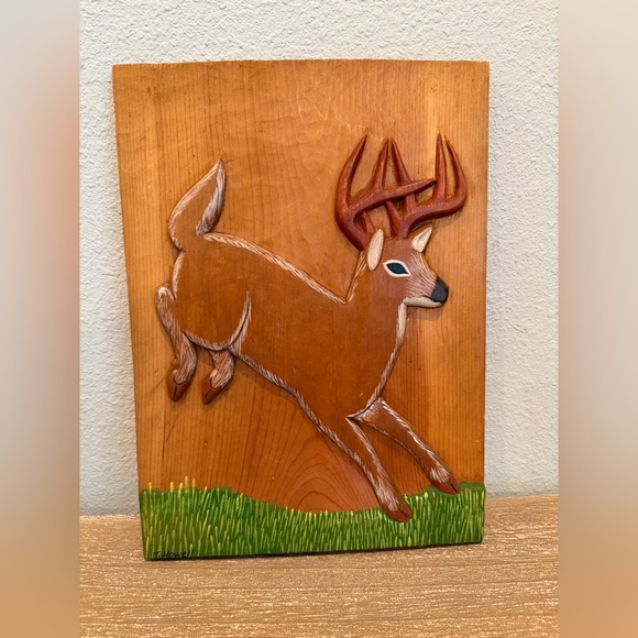 Art | Vintage Buck Deer Folk Art Wood Carving Bas Relief Wall Hanging ...